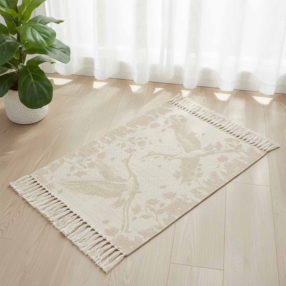 Bathroom Rug 2'x 3', Beige Crane Silhouette Woven Cotton Washable Rug ...