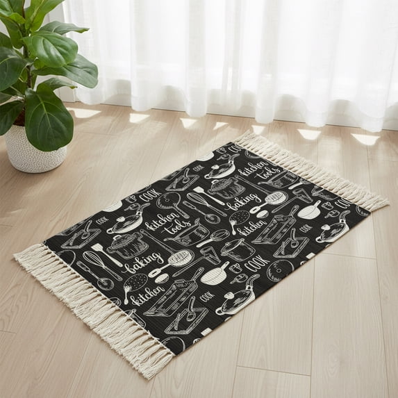 Bathroom Rug 2'x 3', Black Kitchen Tools Woven Cotton Washable Rug with ...