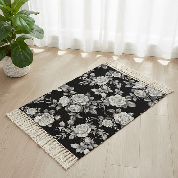 Bathroom Rug 2'x 3', Black Rose Woven Cotton Washable Rug with Tassels ...