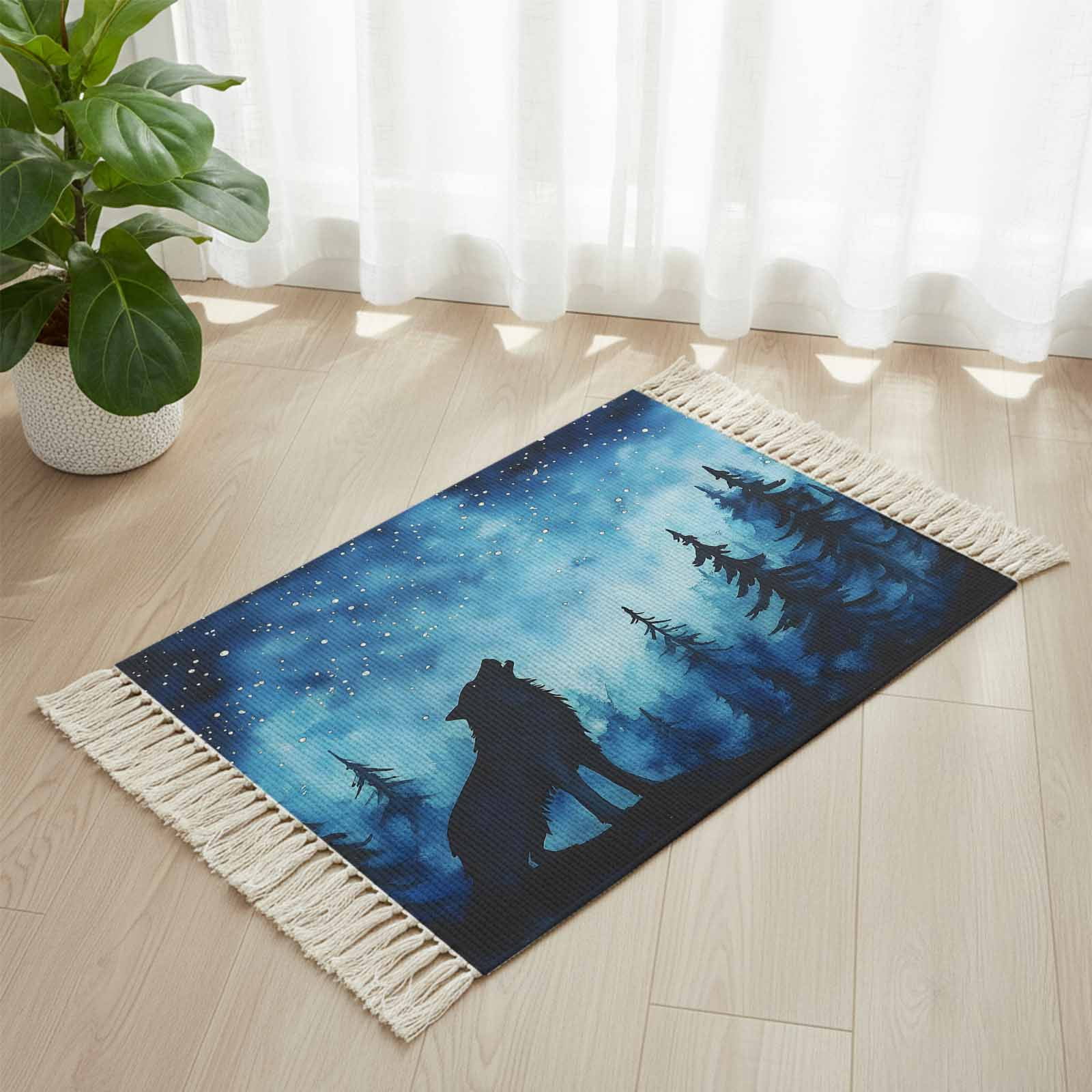 Bathroom Rug 2'x 3', Black Wolf Night Woven Cotton Washable Rug with ...