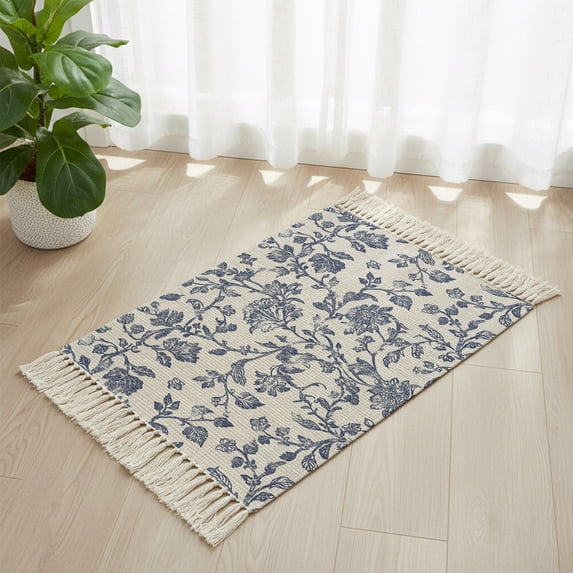 Bathroom Rug 2'x 3', Blue Floral Leaf Woven Cotton Washable Rug with ...