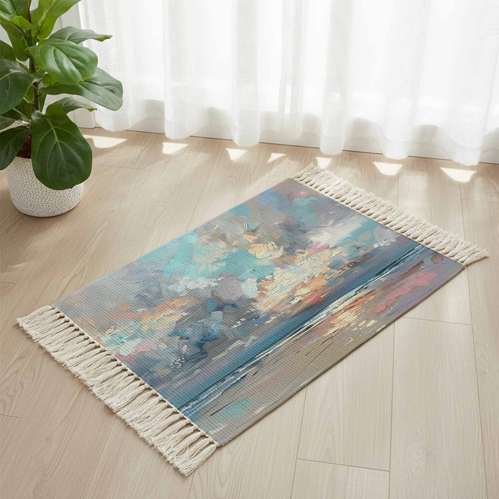 Bathroom Rug 2'x 3', Blue Gray Coastal Woven Cotton Washable Rug with ...