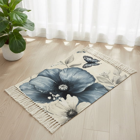 Bathroom Rug 2'x 3', Blue Spring Floral Woven Cotton Washable Rug with ...