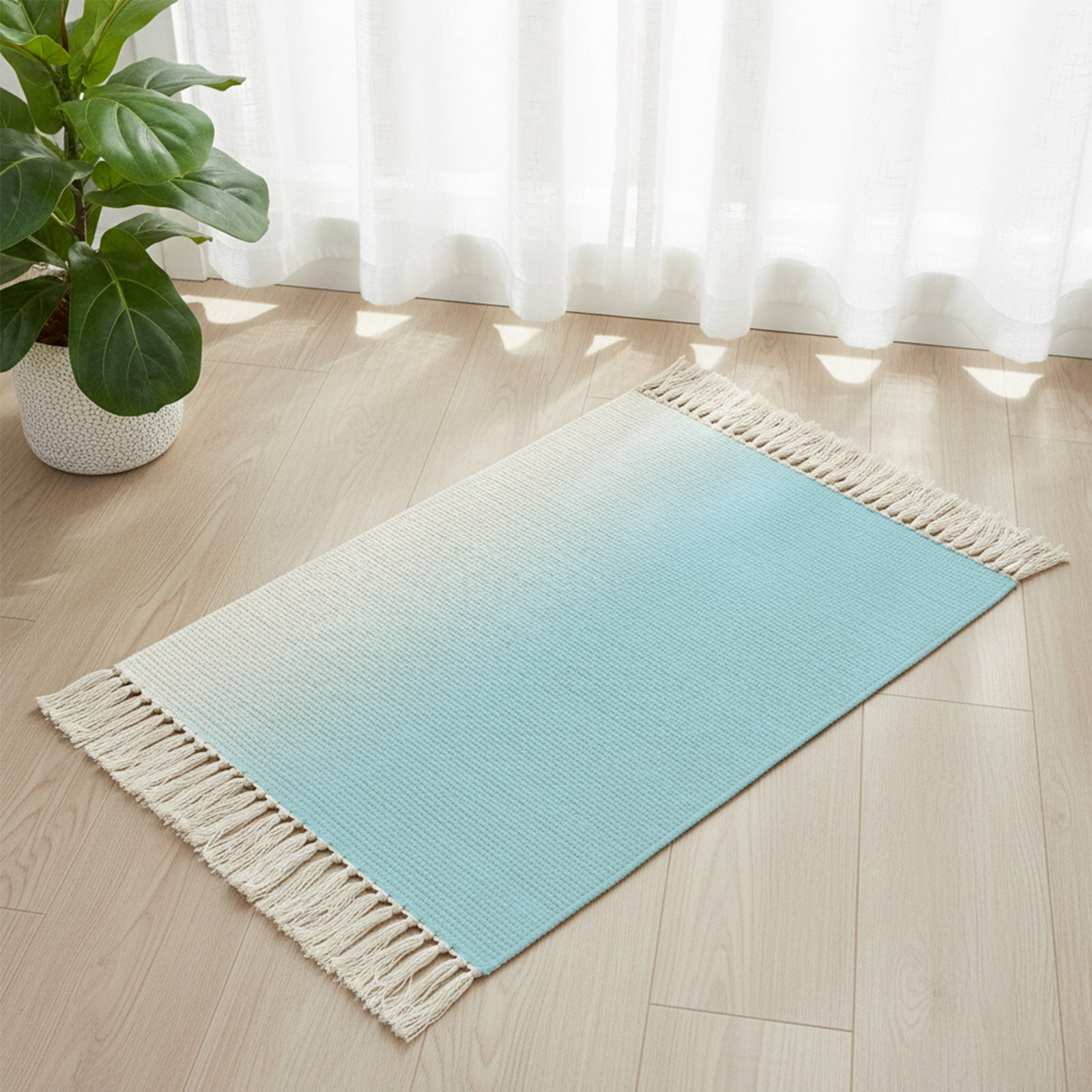 Bathroom Rug 2'x 3', Blue White Ombre Woven Cotton Washable Rug with ...