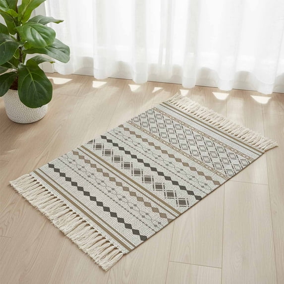 Bathroom Rug 2'x 3', Boho Aztec Woven Cotton Washable Rug with Tassels ...