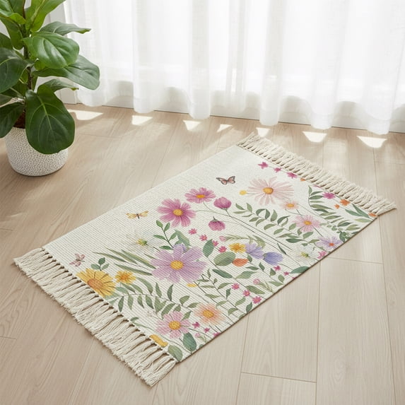 Bathroom Rug 2'x 3', Botanical Floral Woven Cotton Washable Rug with ...