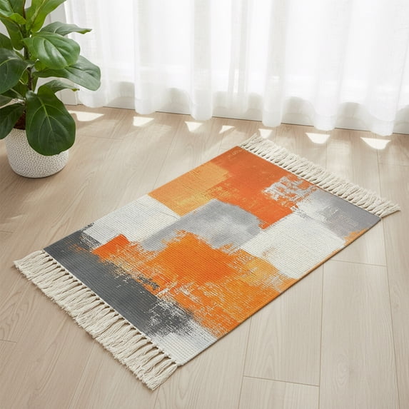 Bathroom Rug 2'x 3', Burnt Orange Grey Oil Painting Woven Cotton ...