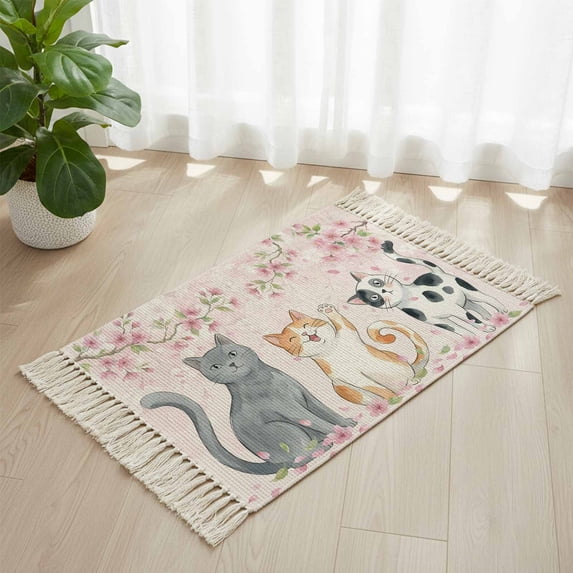 Bathroom Rug 2'x 3', Cherry Blossom Cats Woven Cotton Washable Rug with ...