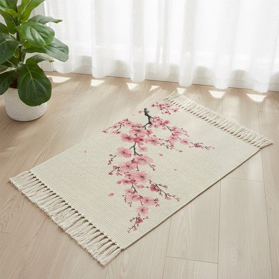 Bathroom Rug 2'x 3', Cherry Blossoms Woven Cotton Washable Rug with ...