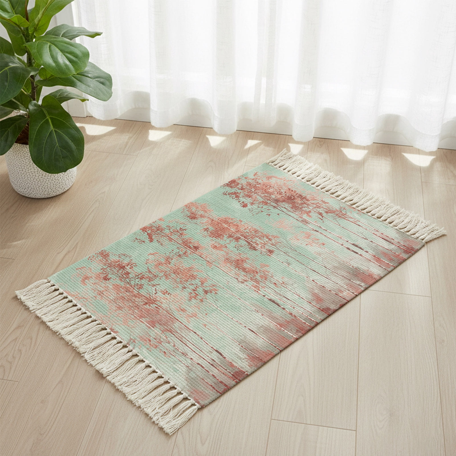 Bathroom Rug 2'x 3', Contemporary Red Teal Tree Woven Cotton Washable ...