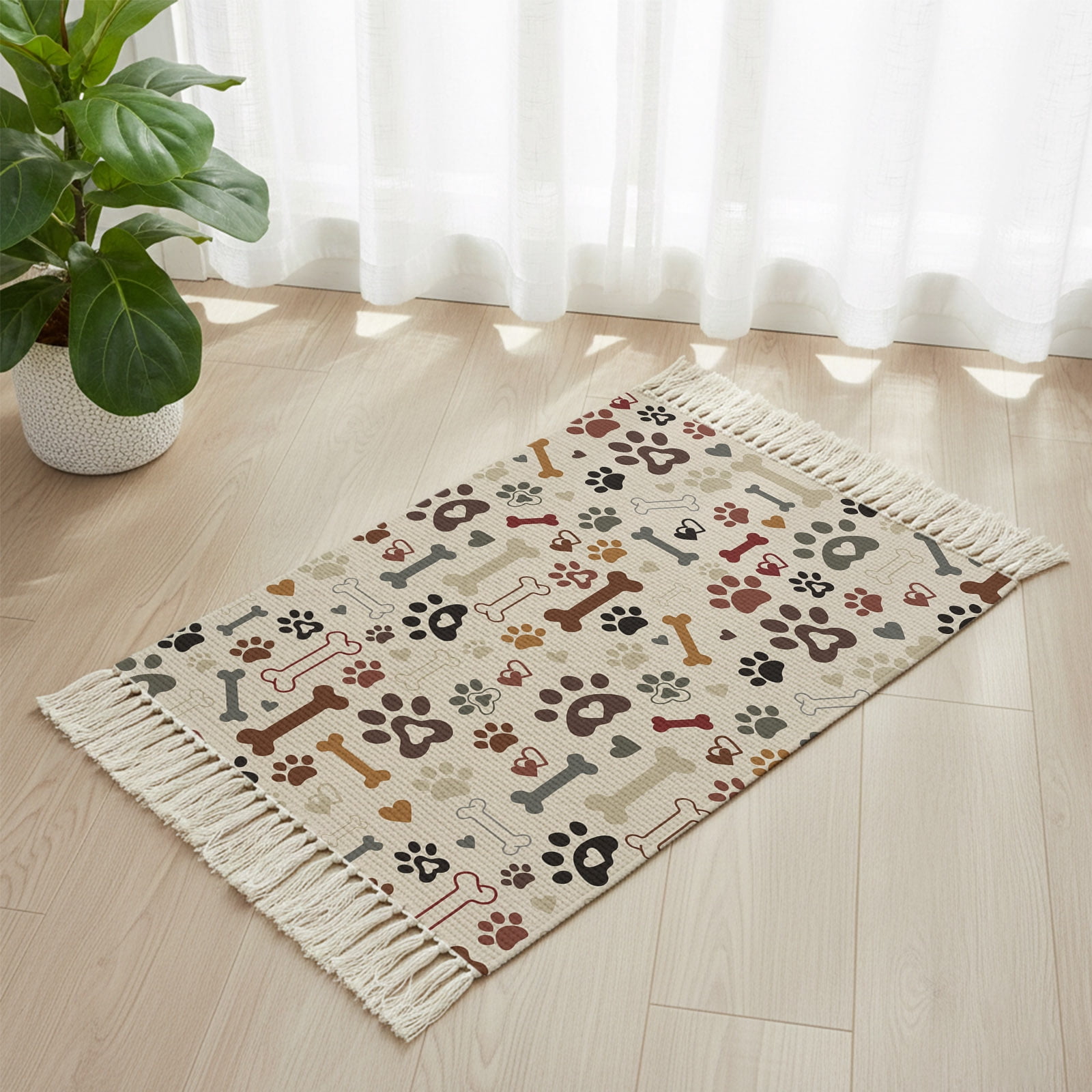 Bathroom Rug 2'x 3', Dog Paw Woven Cotton Washable Rug with Tassels ...