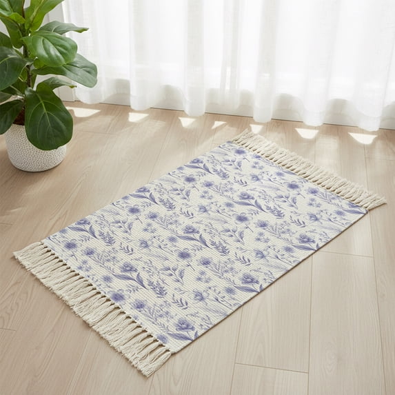 Bathroom Rug 2'x 3', Elegant Purple Flowers Woven Cotton Washable Rug ...
