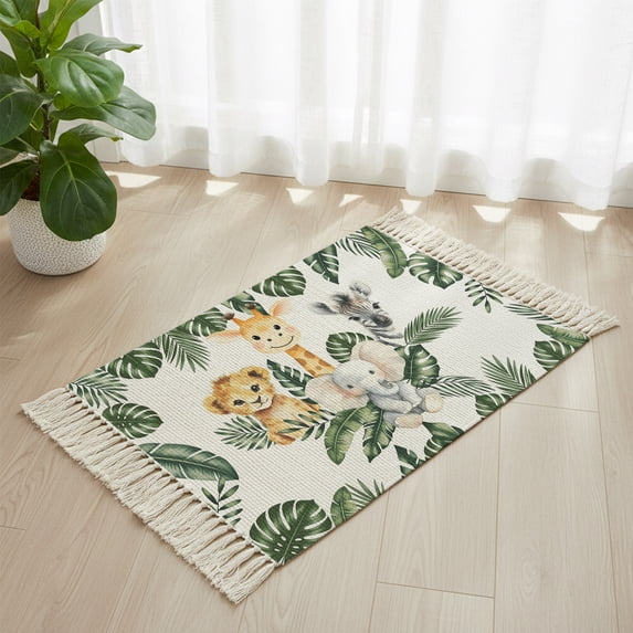 Bathroom Rug 2'x 3', Elephant Giraffe Lion Woven Cotton Washable Rug ...