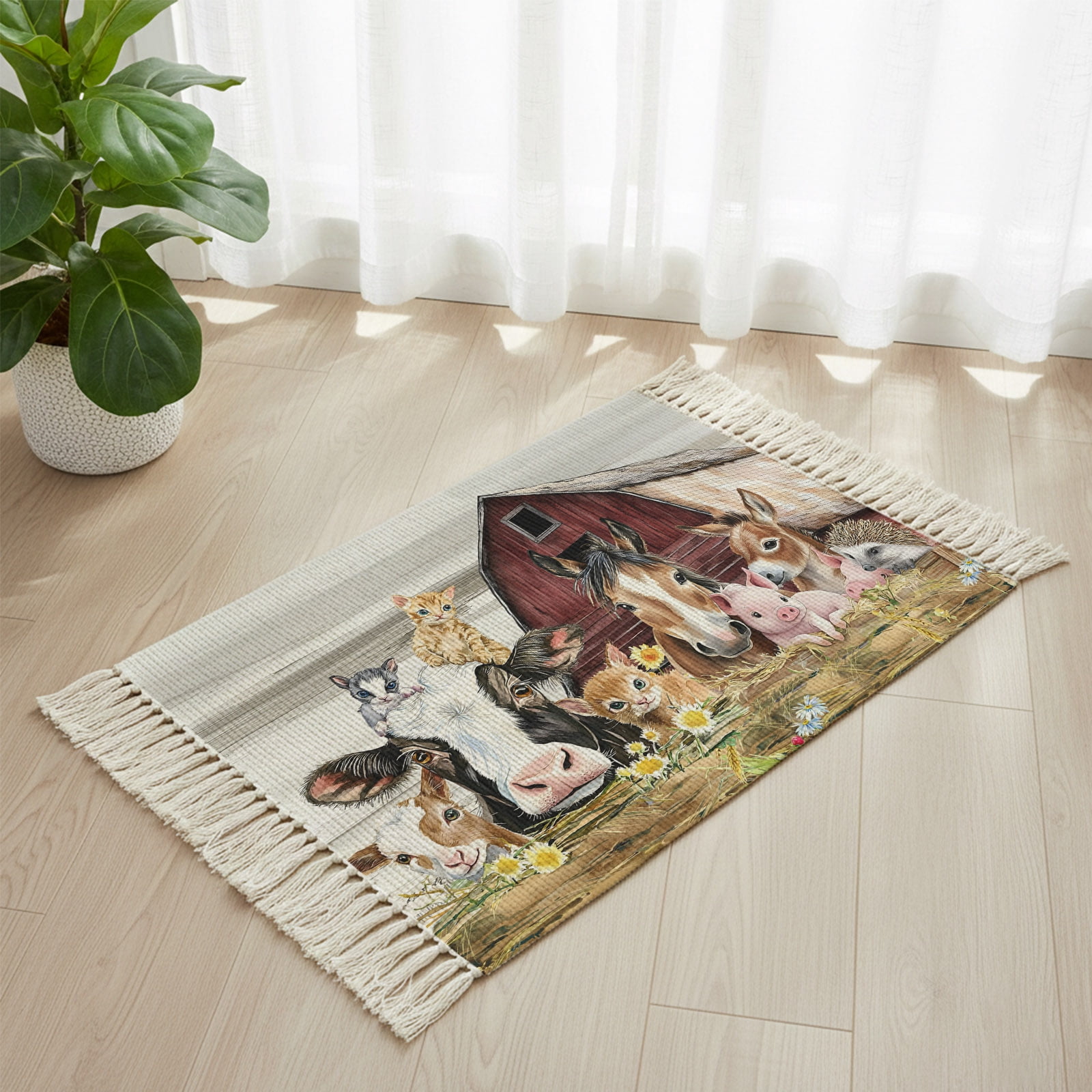Bathroom Rug 2'x 3', Farmhouse Animals Woven Cotton Washable Rug with ...