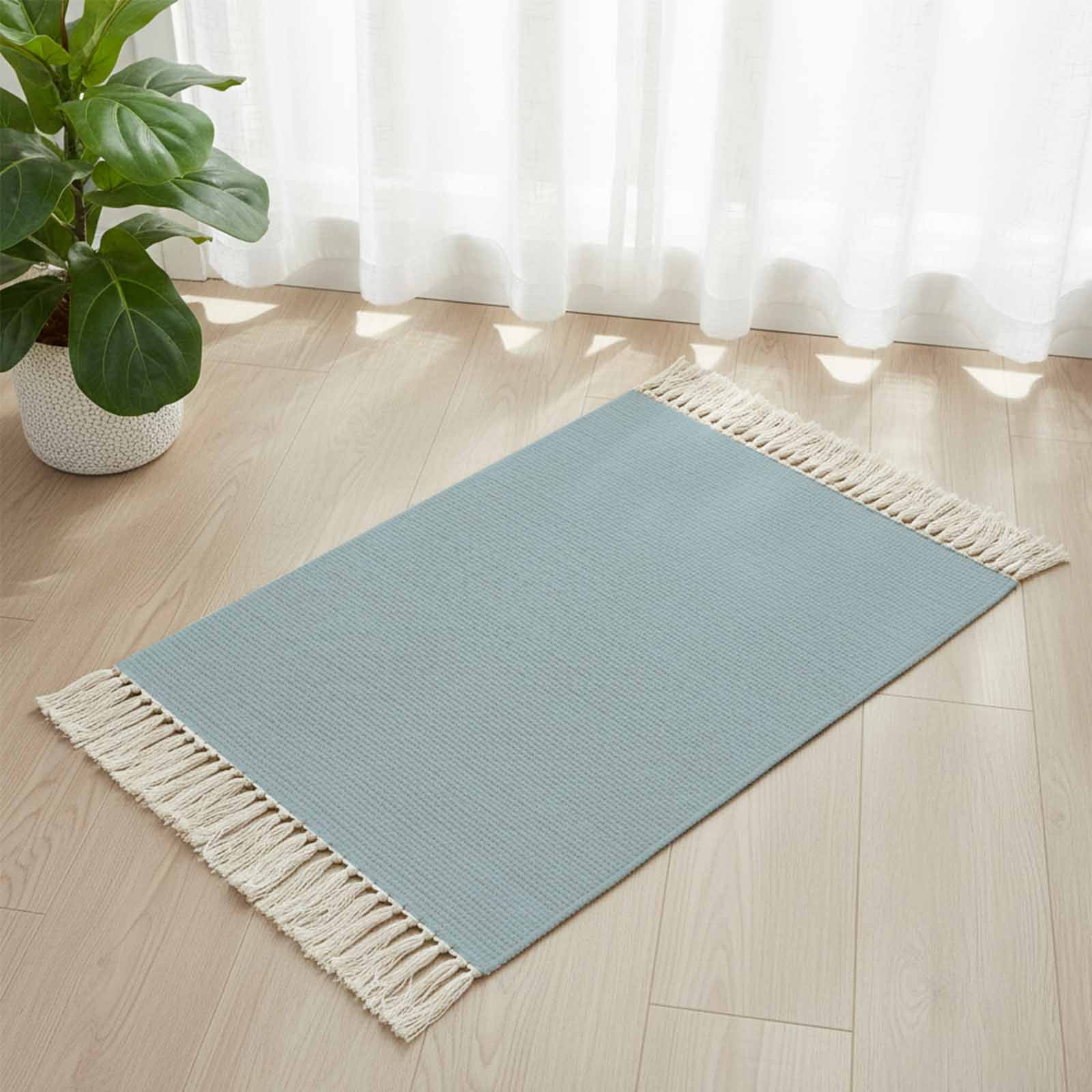 Bathroom Rug 2'x 3', Light Blue Woven Cotton Washable Rug with Tassels ...