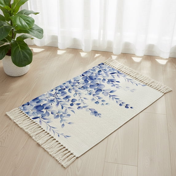 Bathroom Rug 2'x 3', Navy Blue Eucalyptus Leaves Woven Cotton Washable ...