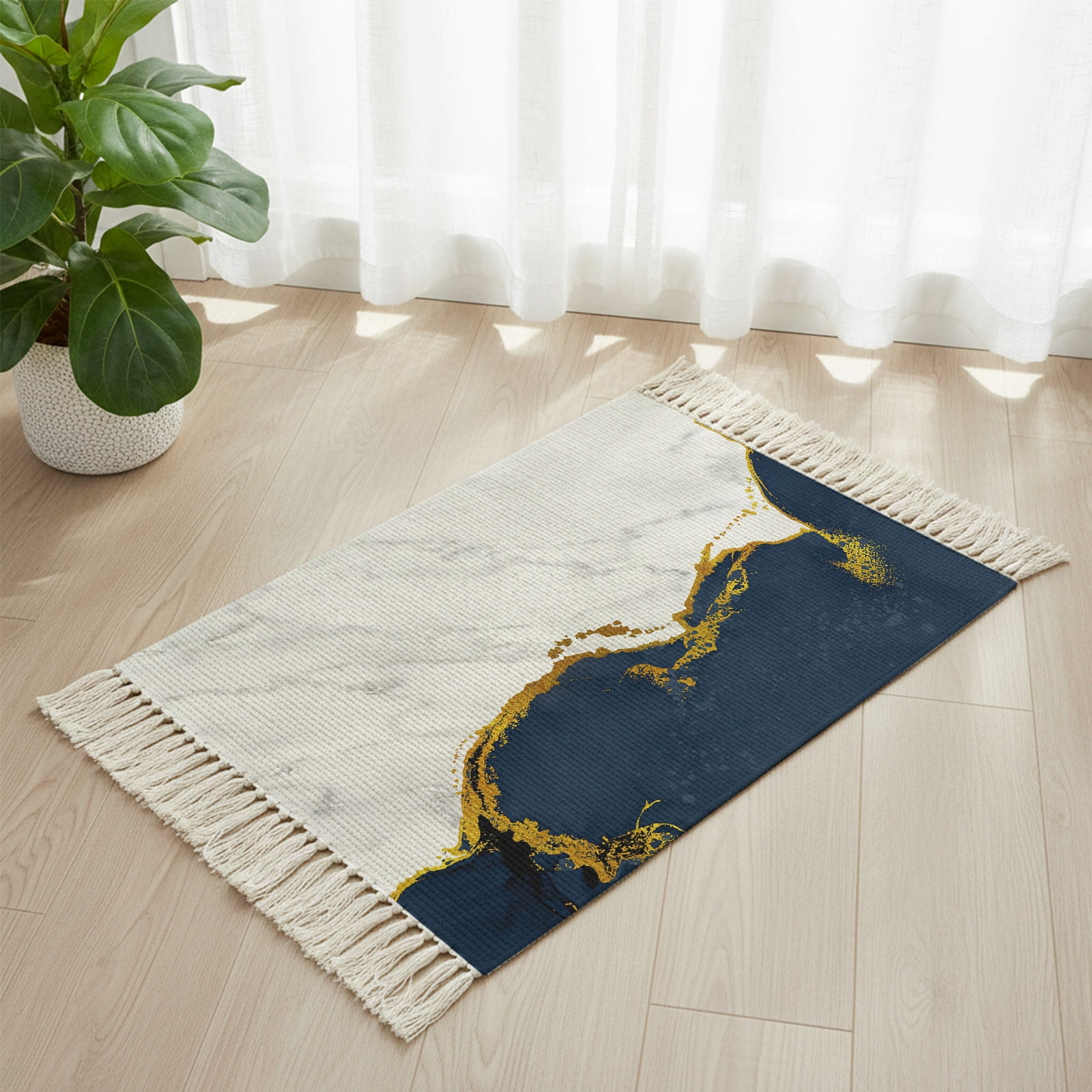 Bathroom Rug 2'x 3', Navy Blue Gold Marble Woven Cotton Washable Rug ...