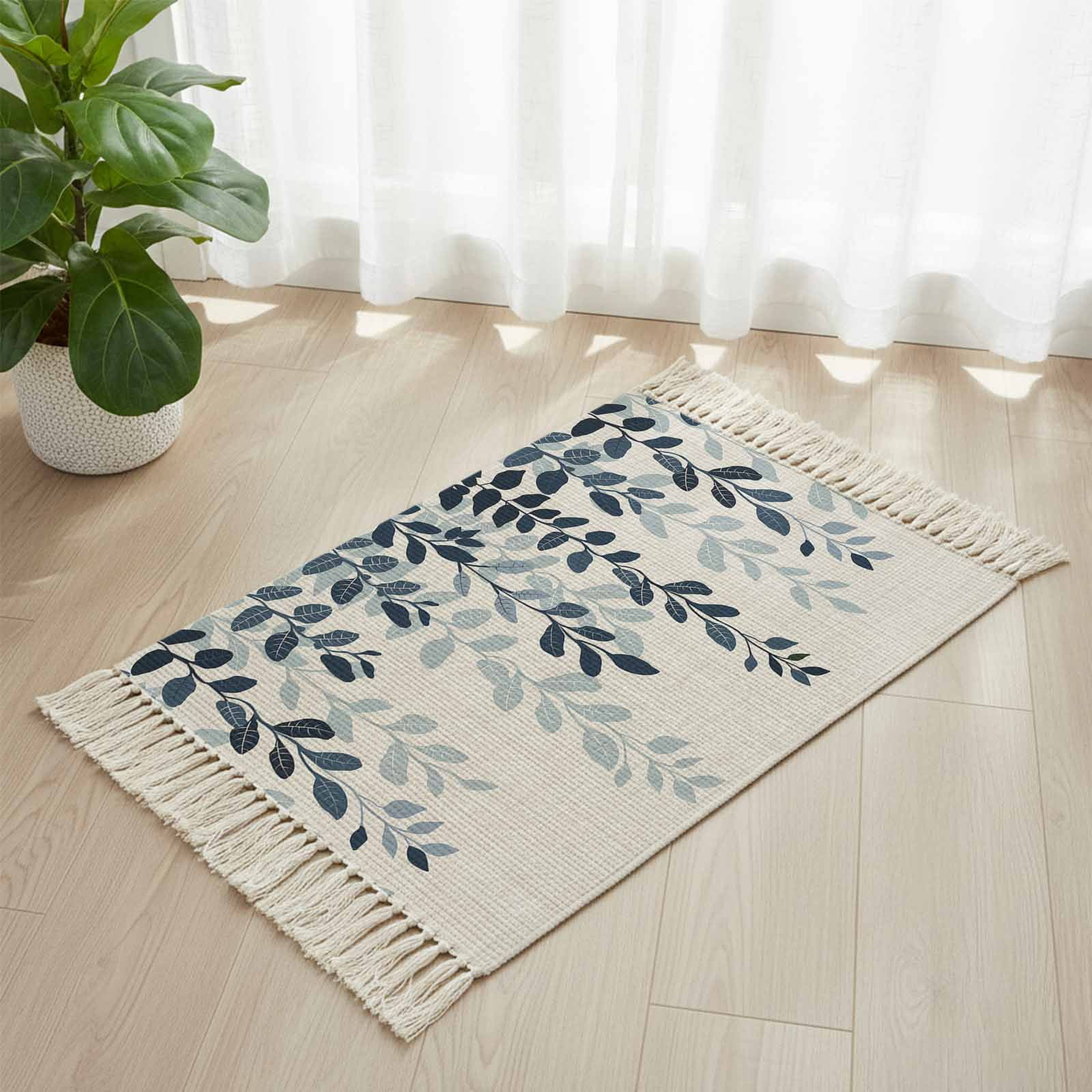 Bathroom Rug 2'x 3', Navy Blue Ombre Botanical Woven Cotton Washable ...