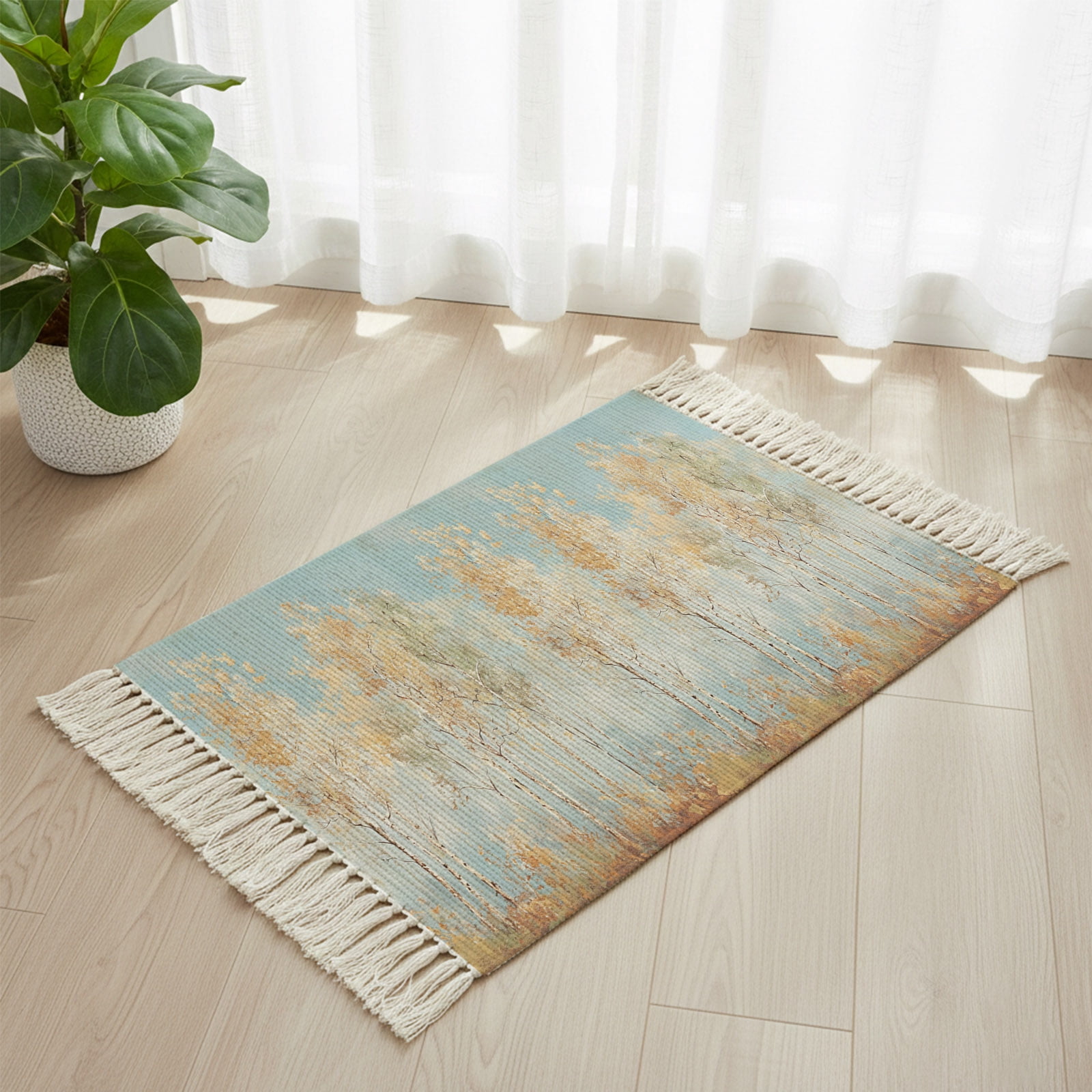 Bathroom Rug 2'x 3', Orange Blue Vintage Woven Cotton Washable Rug with ...