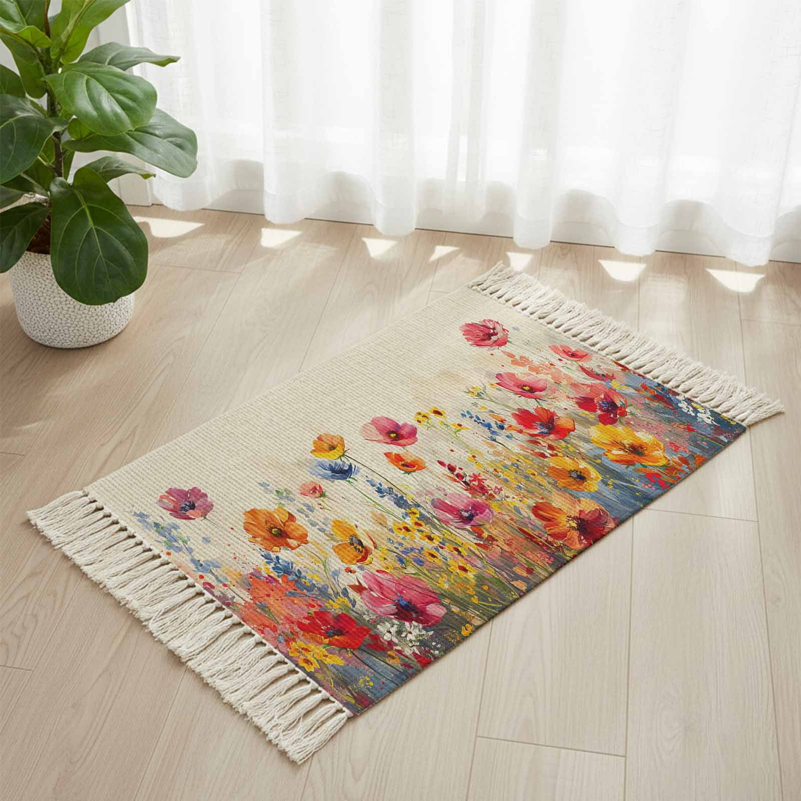 Bathroom Rug 2'x 3', Pastoral Botanical Woven Cotton Washable Rug with ...