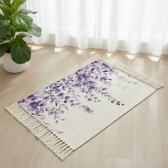 Bathroom Rug 2'x 3', Purple Eucalyptus Leaves Woven Cotton Washable Rug ...