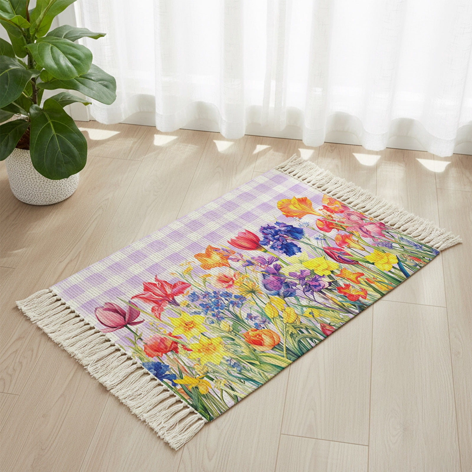 Bathroom Rug 2'x 3', Purple Plaid Tulip Woven Cotton Washable Rug with ...