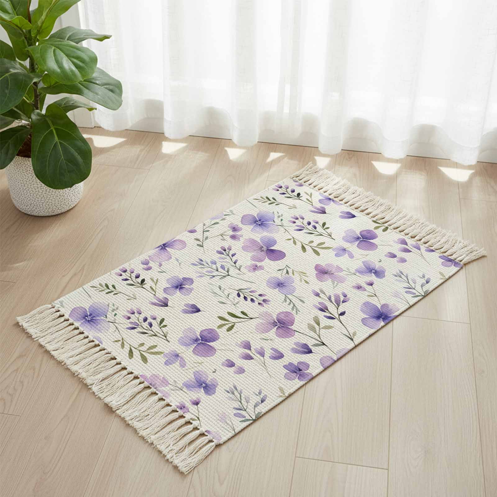 Bathroom Rug 2'x 3', Purple Spring Floral Woven Cotton Washable Rug ...
