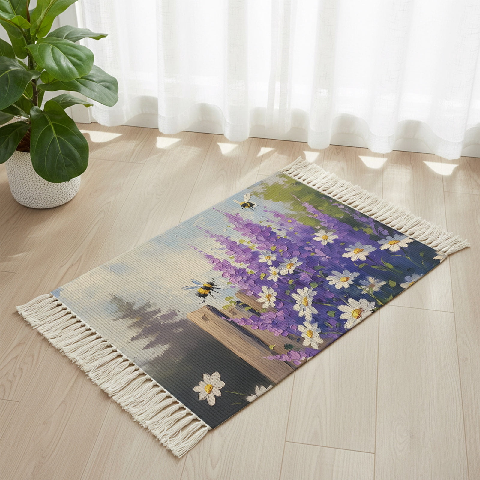 Bathroom Rug 2'x 3', Purple Spring Floral Woven Cotton Washable Rug ...