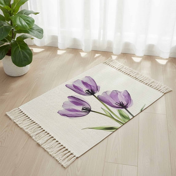 Bathroom Rug 2'x 3', Purple Tulips Woven Cotton Washable Rug with ...