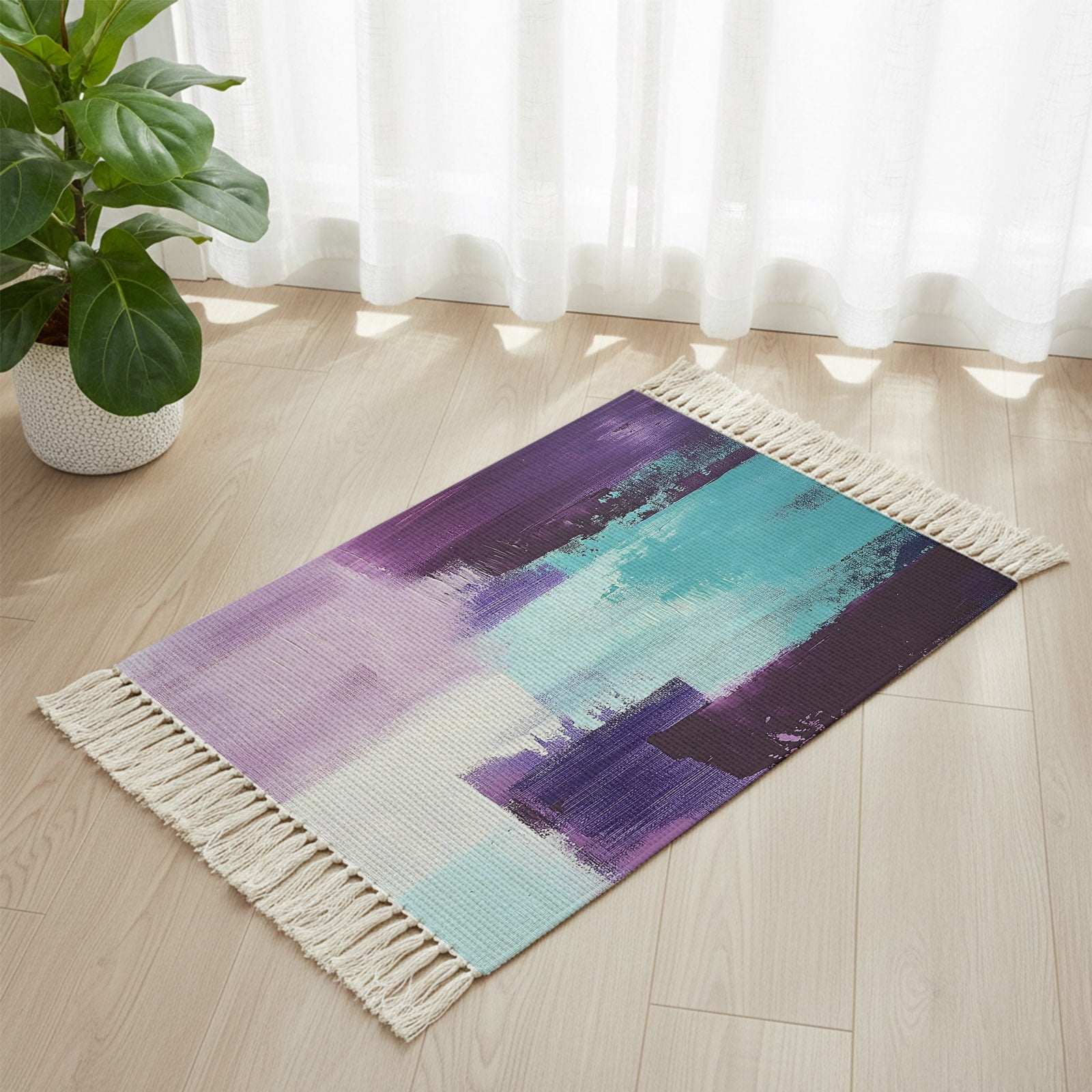 Bathroom Rug 2'x 3', Purple Turquoise Woven Cotton Washable Rug with ...