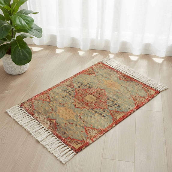 Bathroom Rug 2'x 3', Red Blue Boho Woven Cotton Washable Rug with ...
