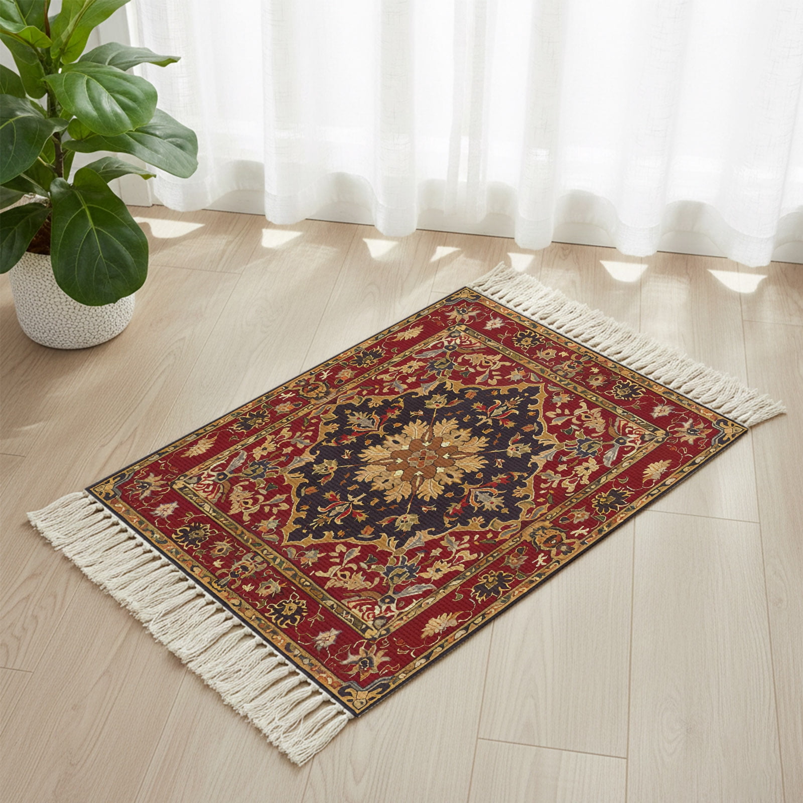 Bathroom Rug 2'x 3', Red Boho Woven Cotton Washable Rug with Tassels ...