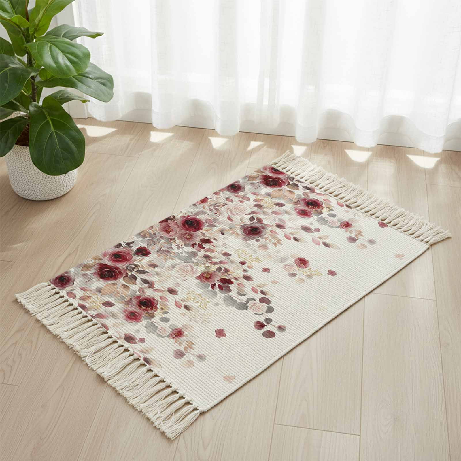 Bathroom Rug 2'x 3', Red Flowers Woven Cotton Washable Rug with Tassels ...