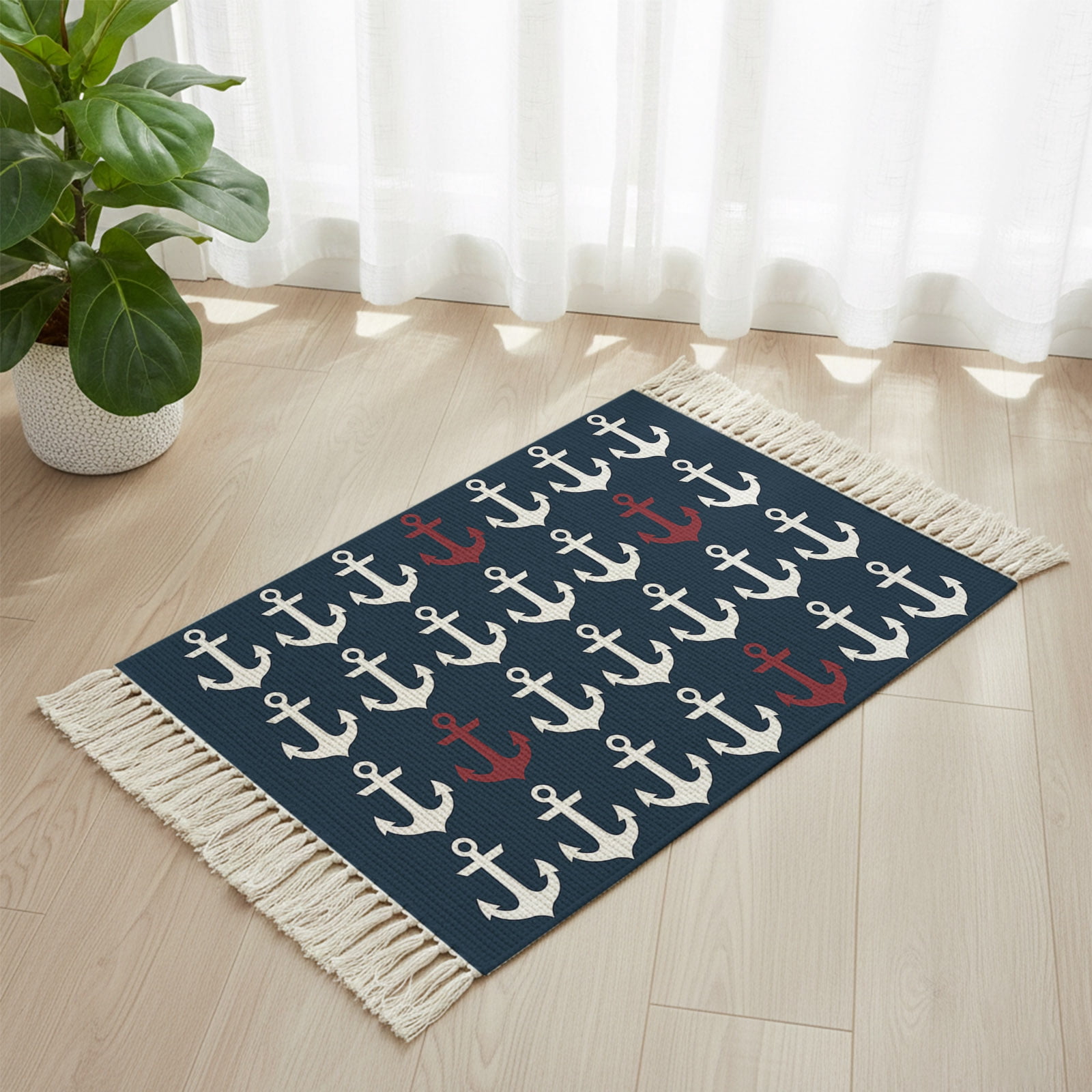 Bathroom Rug 2'x 3', Red and White Sailing Anchor, Woven Cotton ...