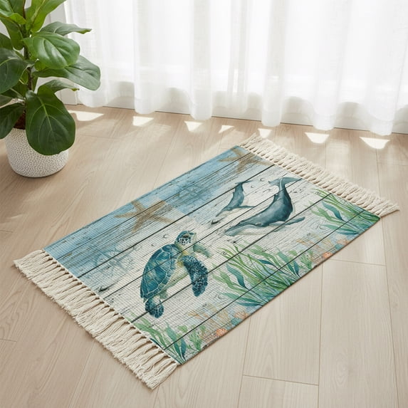 Bathroom Rug 2'x 3', Sea Turtle Woven Cotton Washable Rug with Tassels ...