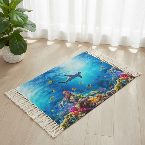 Bathroom Rug 2'x 3', Shark Woven Cotton Washable Rug with Tassels, Blue ...