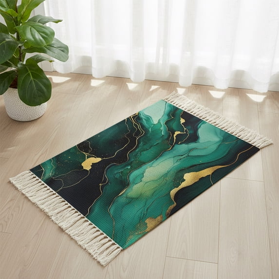 Bathroom Rug 2'x 3', Teal Marble Woven Cotton Washable Rug with Tassels ...