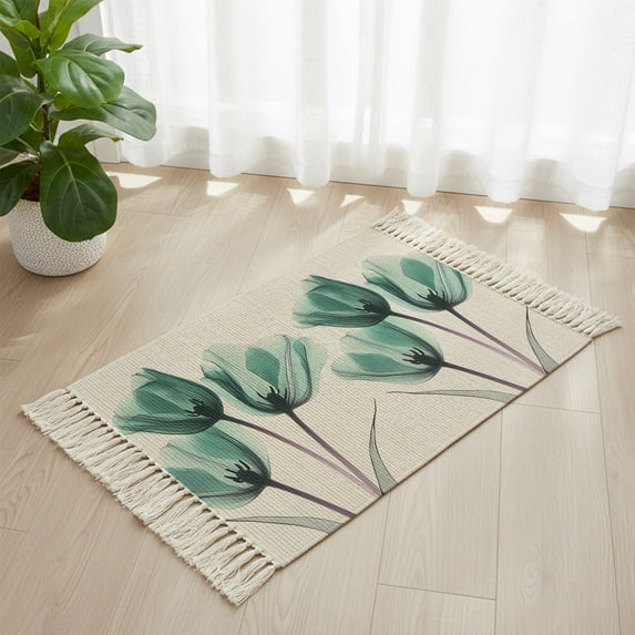 Bathroom Rug 2'x 3', Tulip Black White Woven Cotton Washable Rug with ...