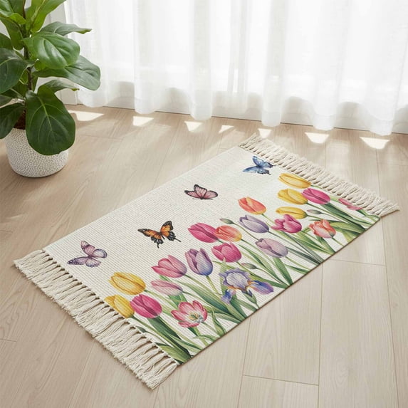 Bathroom Rug 2'x 3', Tulips Spring Floral Woven Cotton Washable Rug ...