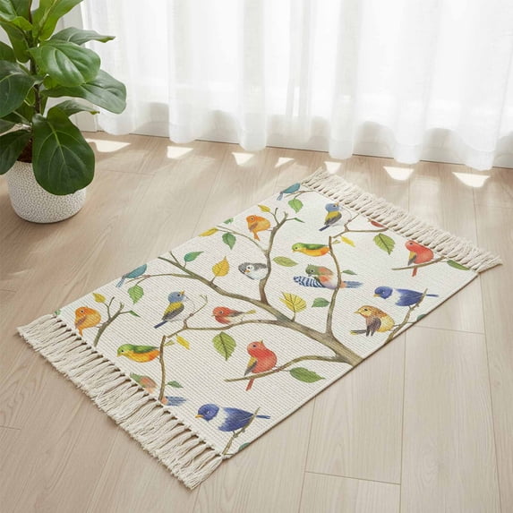 Bathroom Rug 2'x 3', Watercolor Bird Woven Cotton Washable Rug with ...