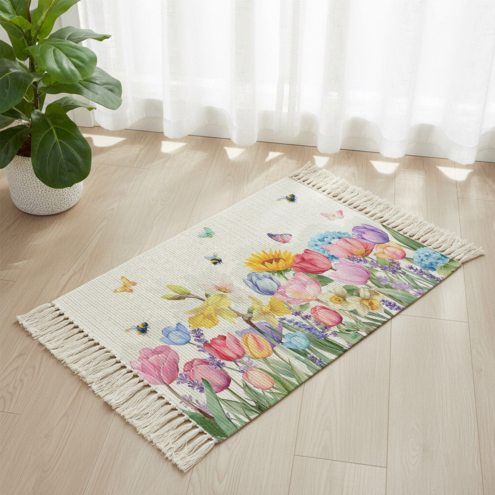 Bathroom Rug 2'x 3', Watercolor Floral Woven Cotton Washable Rug with ...
