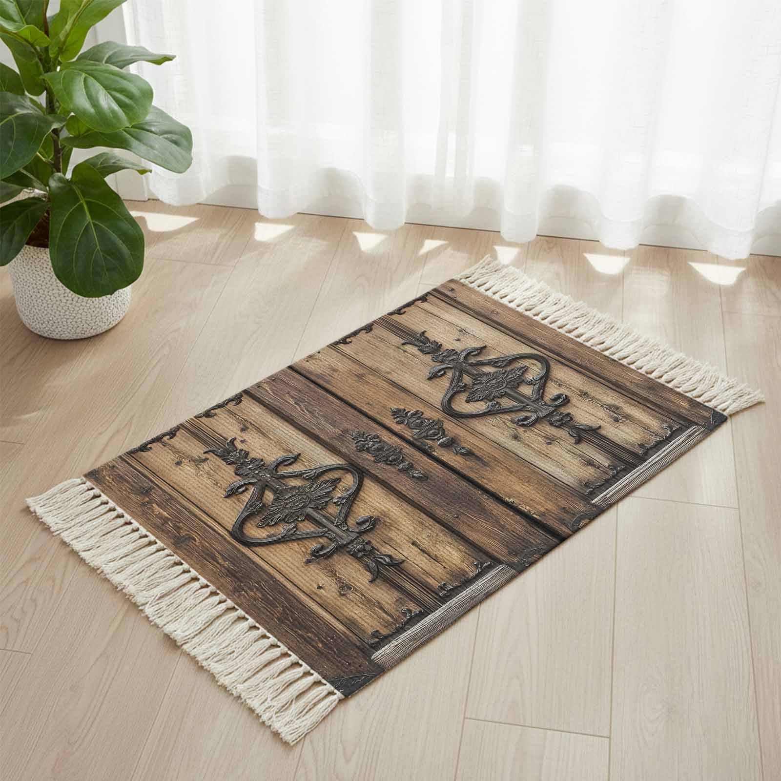 Bathroom Rug 2'x 3', Wooden Plank Woven Cotton Washable Rug with ...