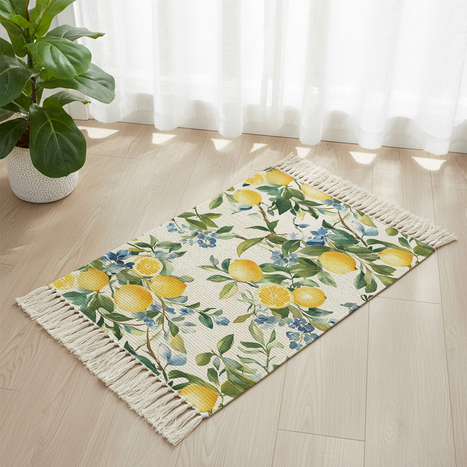 Bathroom Rug 2'x 3', Yellow Lemon Woven Cotton Washable Rug with ...