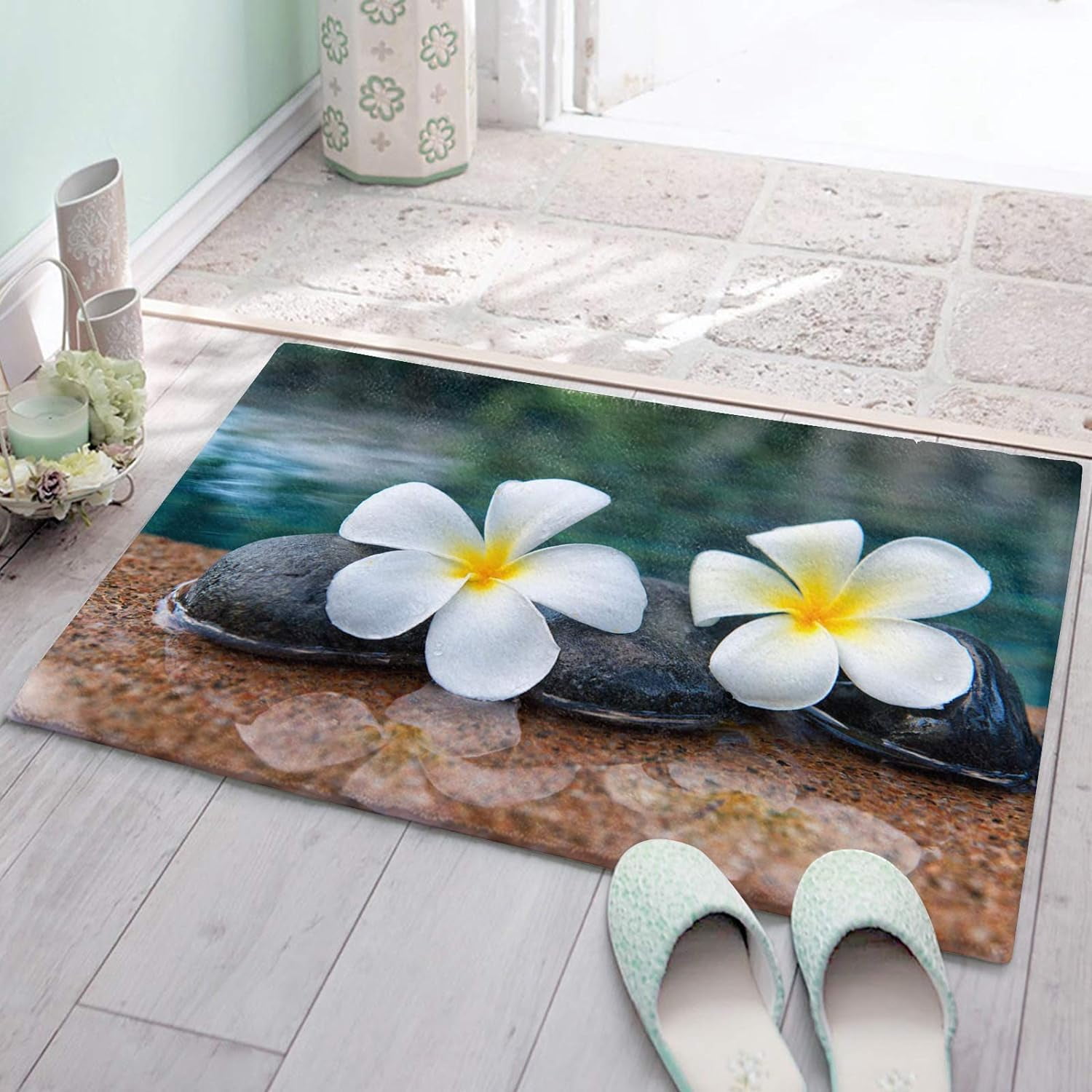 Bathroom Rug Bath Mat, Plumeria Flower Stone Spa Pool Bath Rugs 24"X16 ...