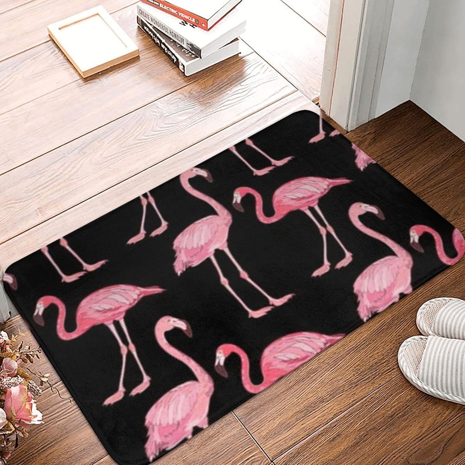 Bathroom Rug Bath Mat, Watercolor Pink Flamingo Pattern Black ...
