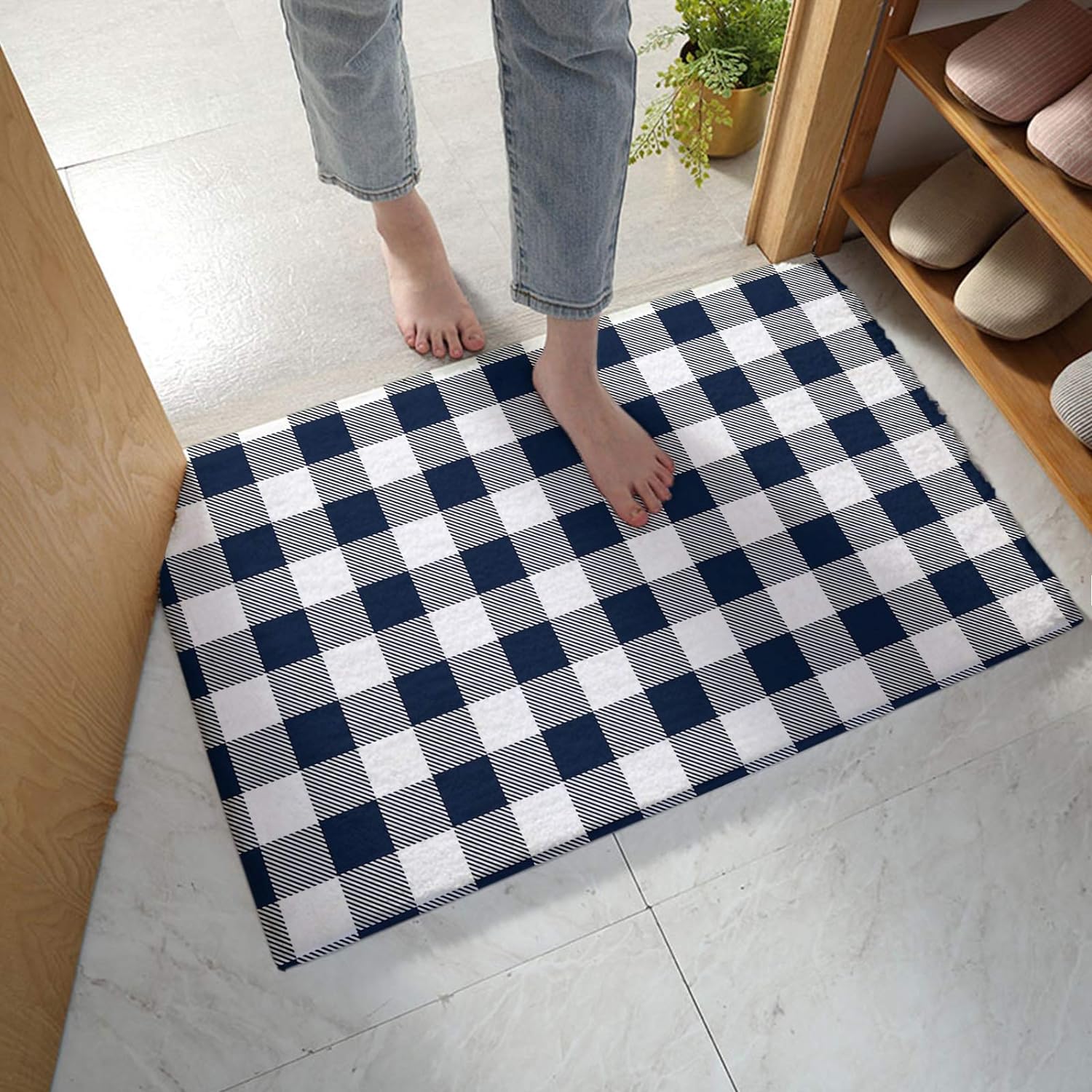 Bathroom Rug, Country Rural Style Navy Blue and White Buffalo Check ...