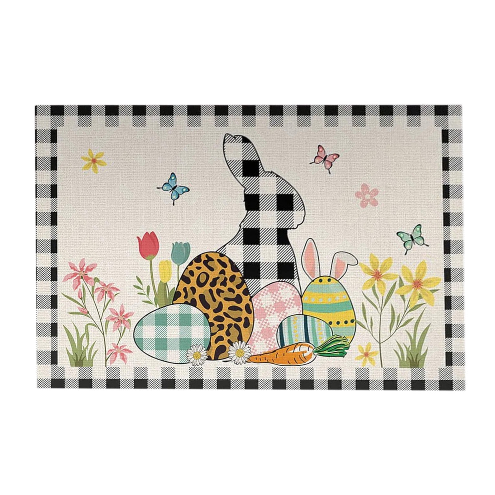 Bathroom Rug, Easter Rabbit Eggs Spring Flower Vintage Black Buffalo ...