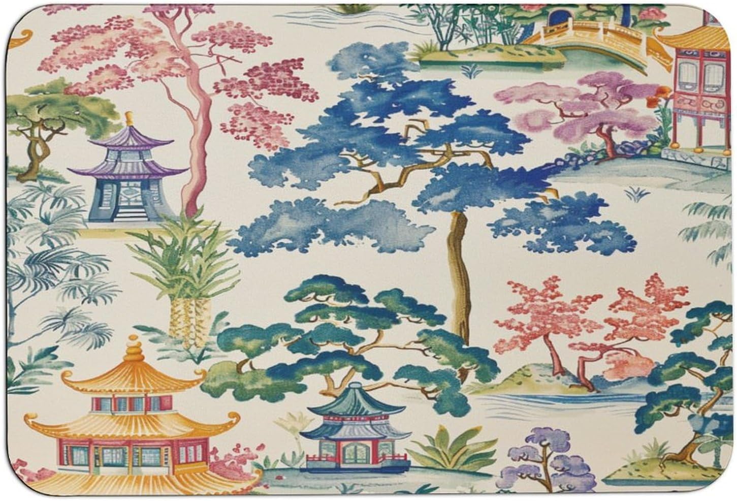 Bathroom Rug Mat Chinoiserie Pattern with Pagodas and Trees Chinoiserie ...
