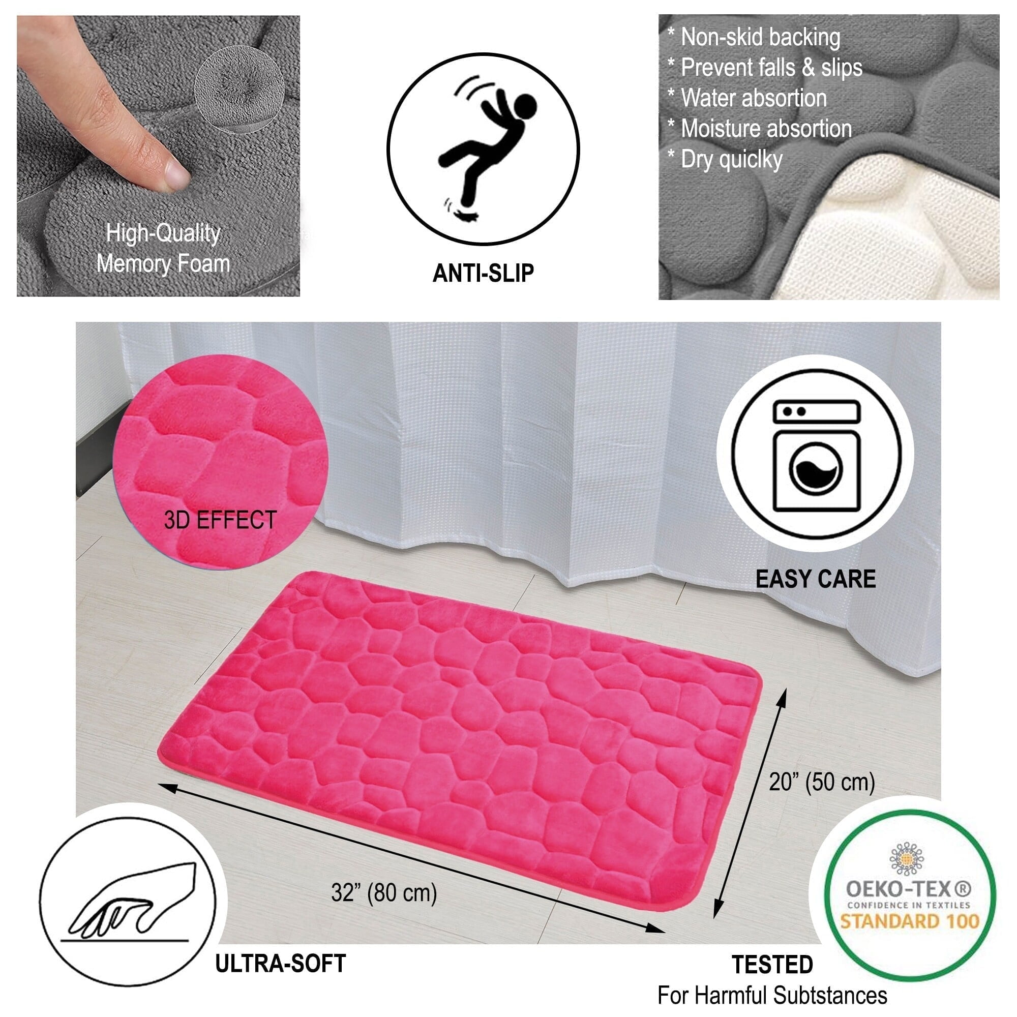 Bathroom Rug Memory Foam Mat 3D Pebble Fuchsia 32"L x 20"W - Walmart.com