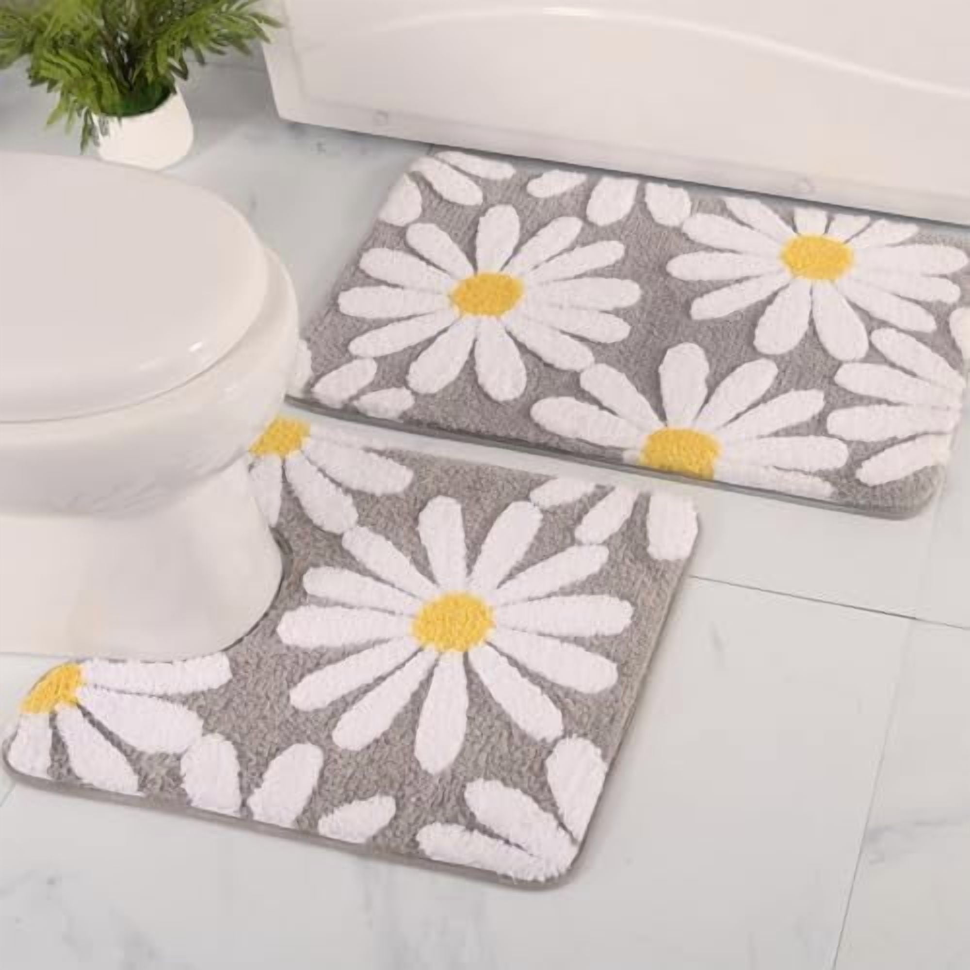 Bathroom Rug Set 2 Piece, Cute Daisy Bath Mat Gray Toilet Rug U Shaped ...